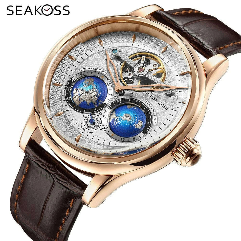 SEAKOSS Male Dual Earth Rotating Mechanical Men's Watch Automatic Move